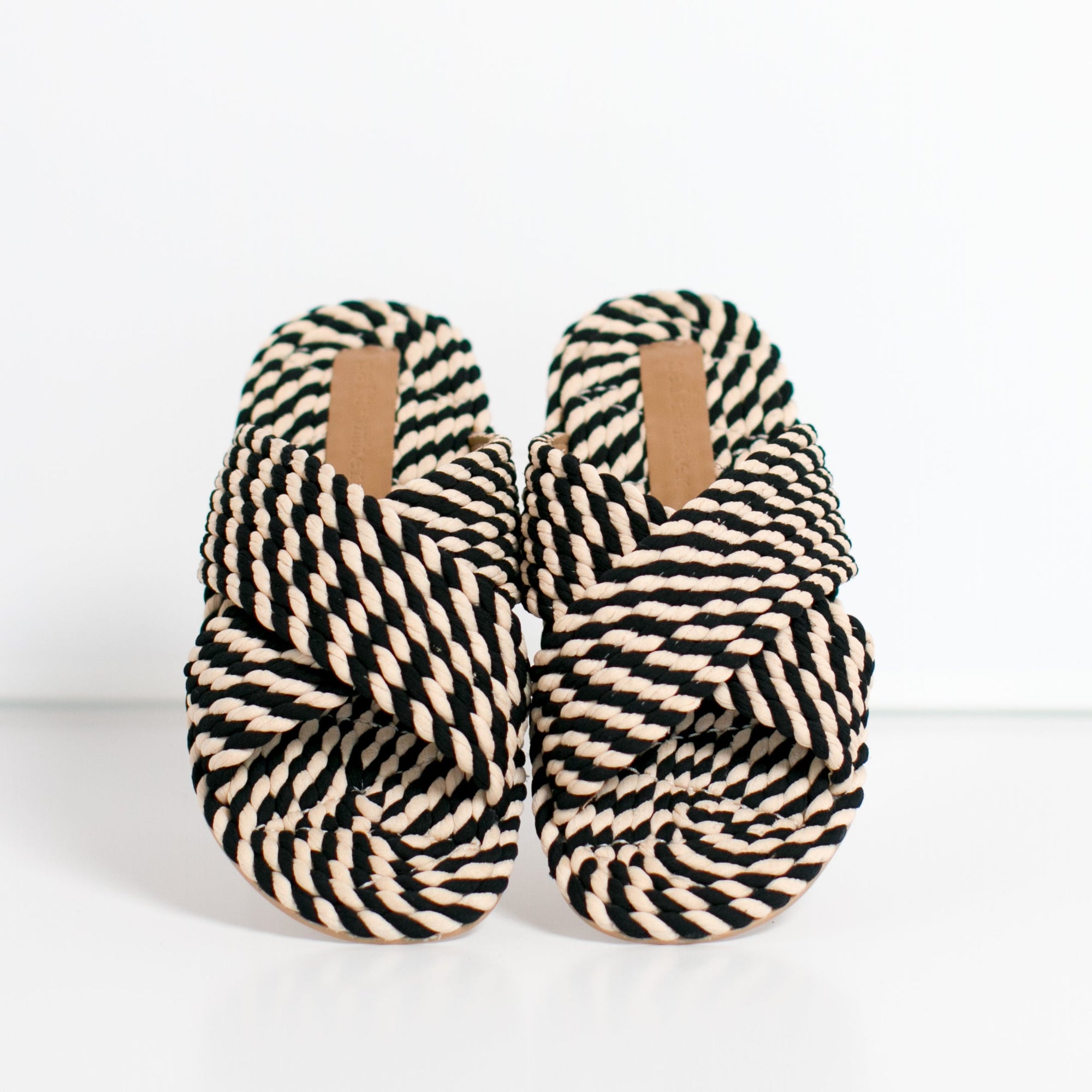 SARAYA - BLACK/WHITE MULTI vegan rope cross band slide sandal